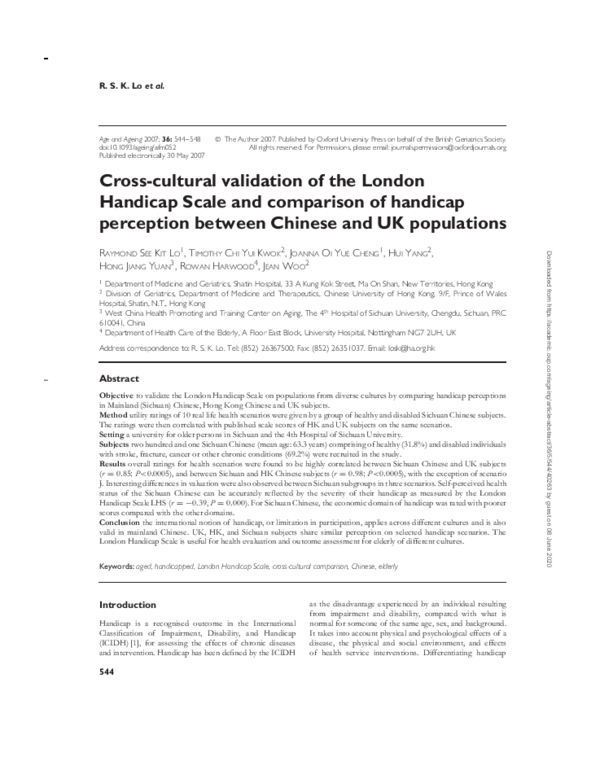 Pdf Cross Cultural Validation Of The London Handicap Scale And Comparison Of Handicap