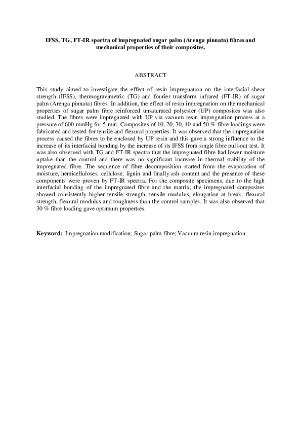 (PDF) IFSS, TG, FT-IR spectra of impregnated sugar palm (Arenga pinnata ...