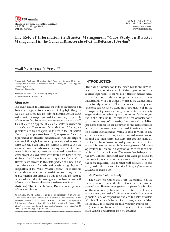 (PDF) The Role of Information in Disaster Management "Case Study on ...