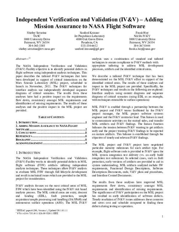 (PDF) IV&V: Adding mission assurance to NASA flight software