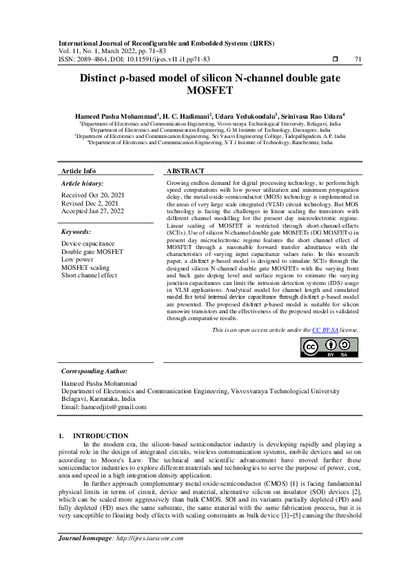 (PDF) Distinct ρ-based model of silicon N-channel double gate MOSFET