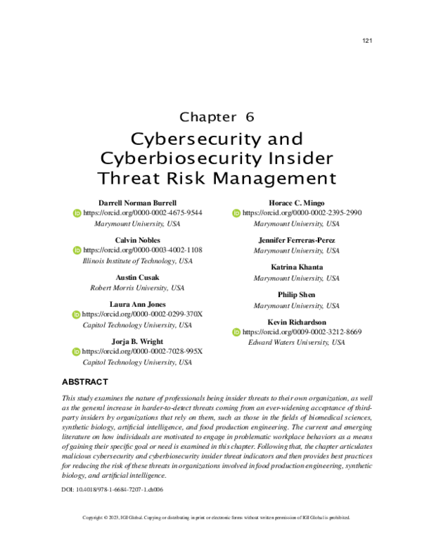(PDF) Cybersecurity and Cyberbiosecurity Insider Threat Risk Management