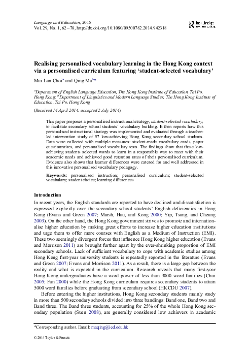 (PDF) Realising personalised vocabulary learning in the Hong Kong context via a personalised ...