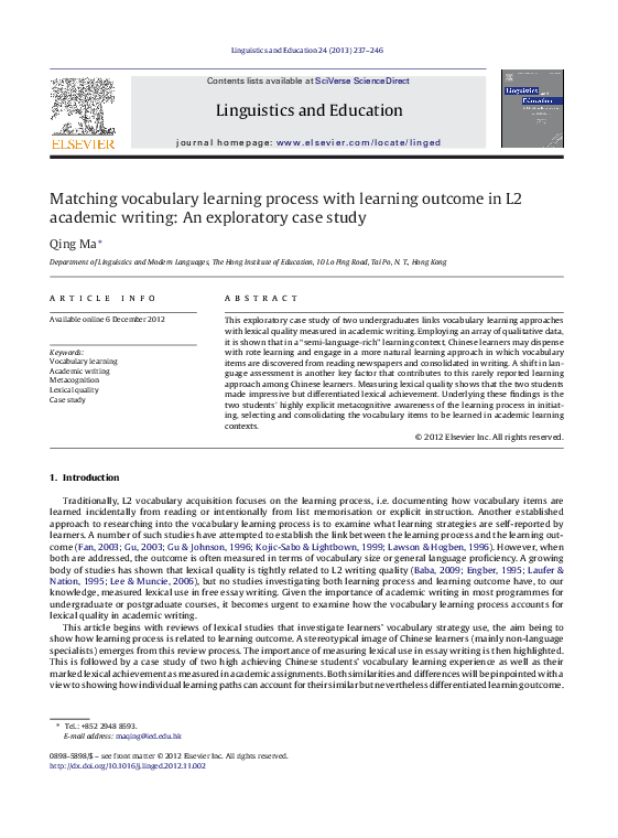 (PDF) Matching vocabulary learning process with learning outcome in L2 academic writing: An ...