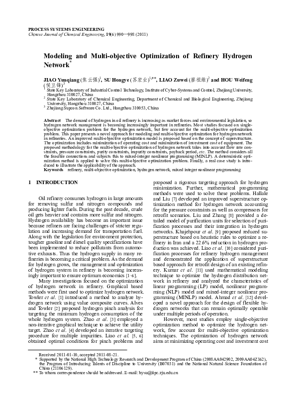 (PDF) Modeling and Multi-objective Optimization of Refinery Hydrogen Network