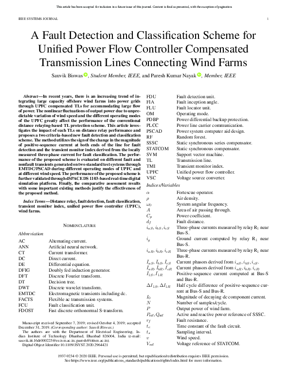 Pdf Fault Detection In Upfc Connected Wind Farms