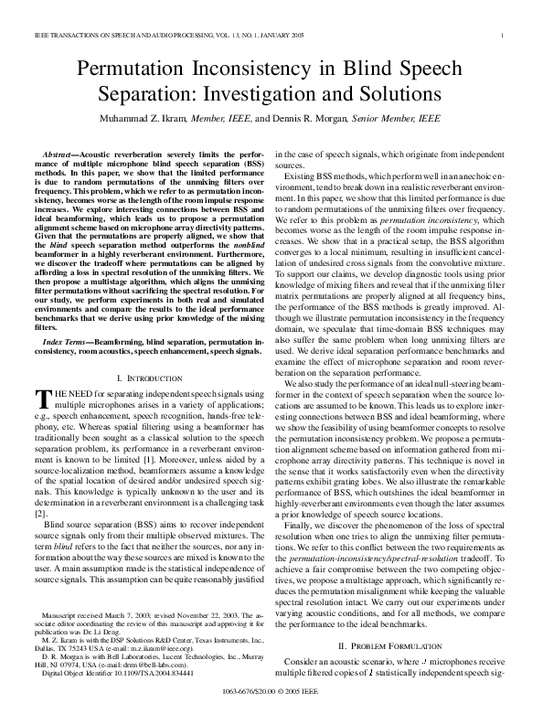 (PDF) Permutation inconsistency in blind speech separation: investigation and solutions