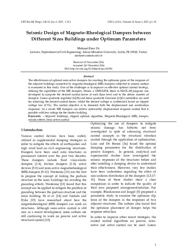 (PDF) Seismic Design of Magnetorheological Dampers Between Different Sizes Buildings Under ...