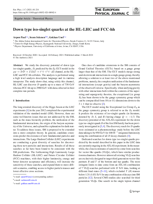 (PDF) Down type iso-singlet quarks at the HL-LHC and FCC-hh