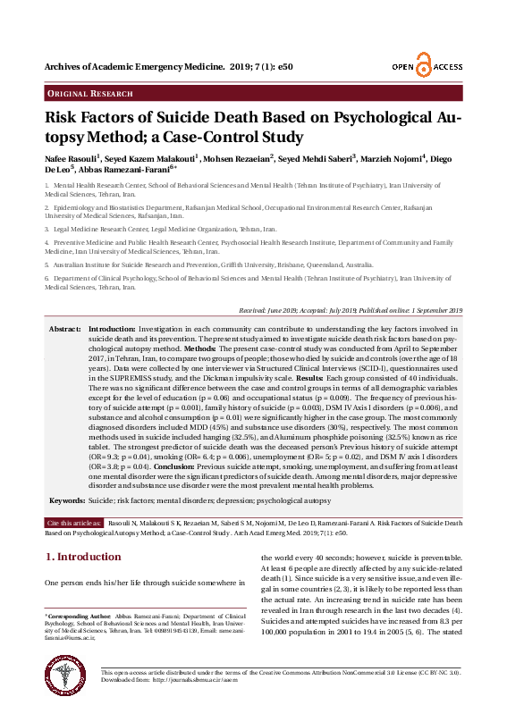 (PDF) Risk Factors of Suicide Death Based on Psychological Autopsy Method; a Case-Control Study ...