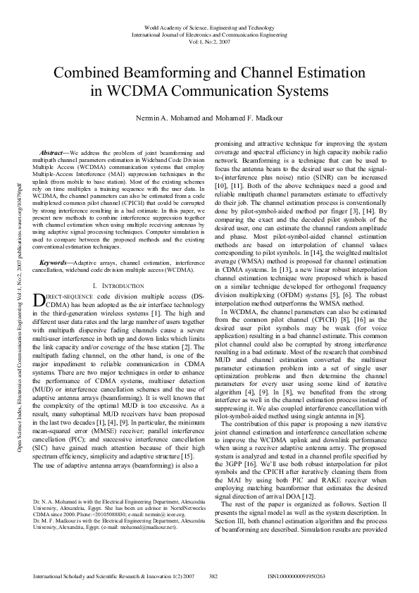 (PDF) Combined Beamforming And Channel Estimation In Wcdma Communication Systems