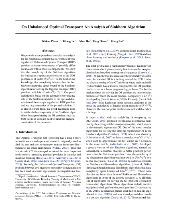 Pdf On Unbalanced Optimal Transport An Analysis Of Sinkhorn Algorithm