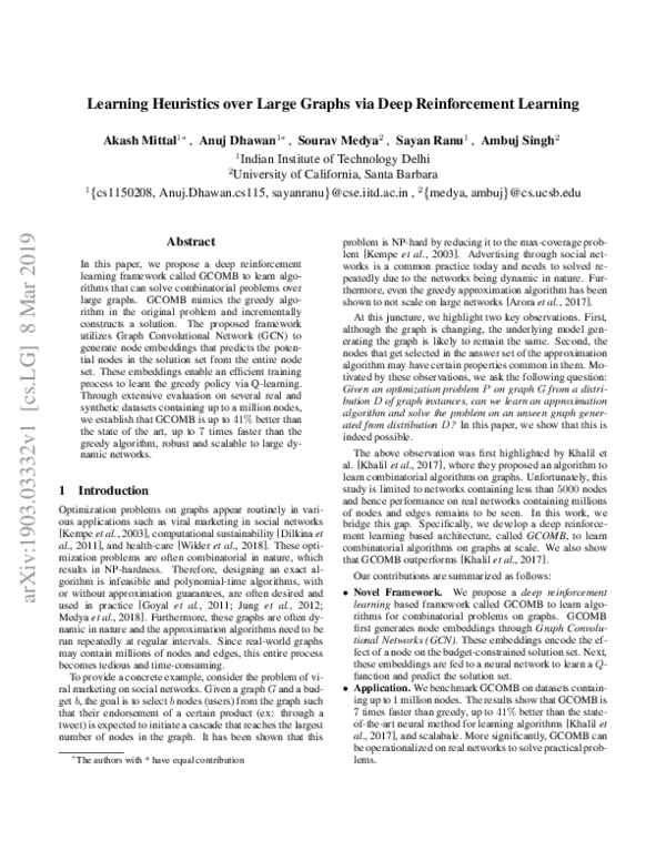 (PDF) Learning Heuristics over Large Graphs via Deep Reinforcement Learning | Akash Mittal ...