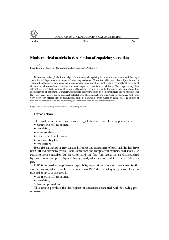 (PDF) Mathematical models in description of capsizing scenarios
