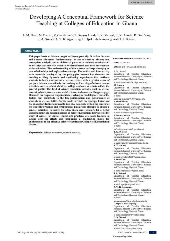 (PDF) Developing A Conceptual Framework for Science Teaching at ...