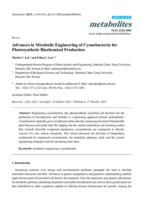 (PDF) Review Advances in Metabolic Engineering of Cyanobacteria for Photosynthetic Biochemical ...
