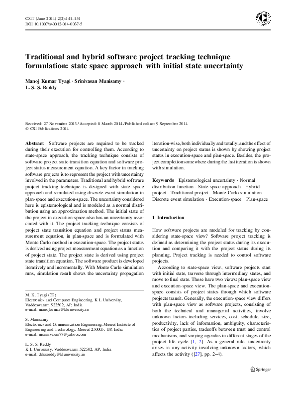 (PDF) Traditional and hybrid software project tracking technique formulation: state space ...