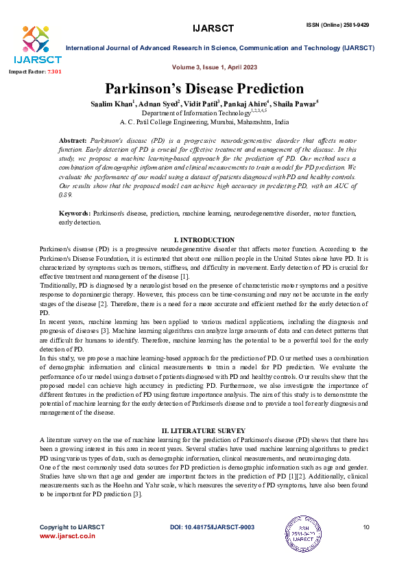 Pdf Parkinsons Disease Prediction