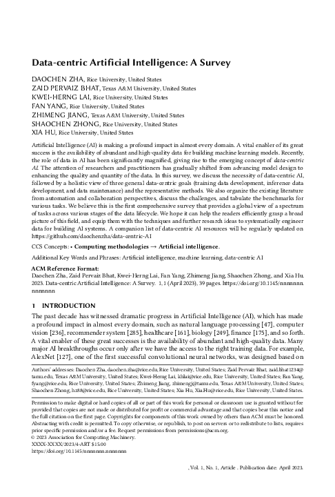 (PDF) Data-centric Artificial Intelligence: A Survey
