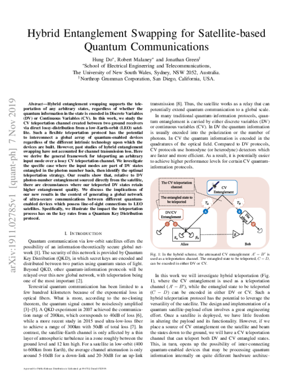(PDF) Hybrid Entanglement Swapping for Satellite-Based Quantum Communications