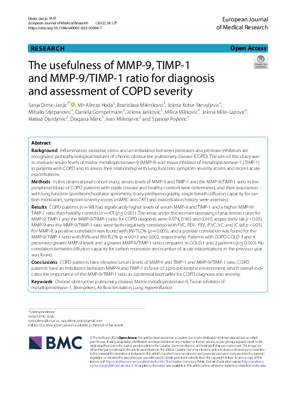 (PDF) The usefulness of MMP-9, TIMP-1 and MMP-9/TIMP-1 ratio for ...