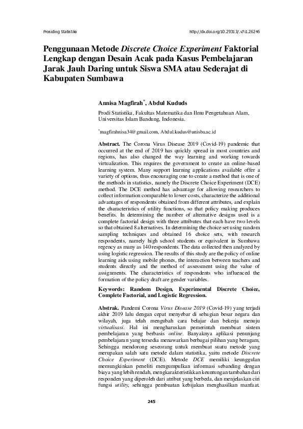 (PDF) Penggunaan Metode Discrete Choice Experiment Faktorial Lengkap dengan Desain Acak pada ...