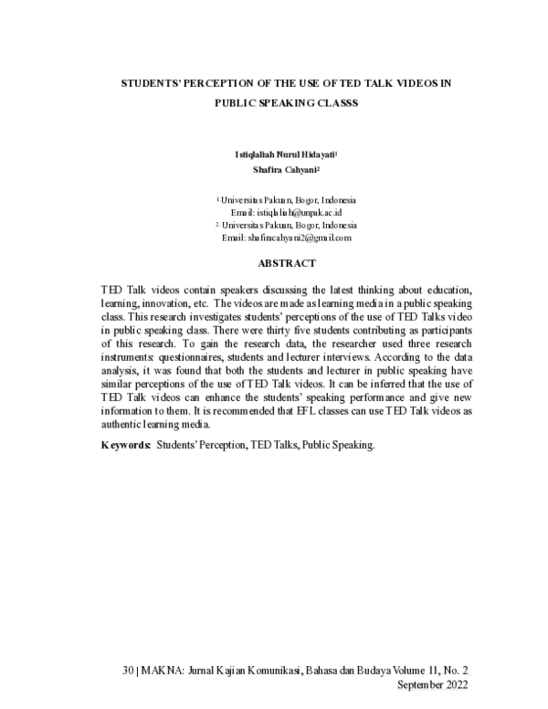 (PDF) Students’ Perception of the Use of Ted Talk Videos in Public ...