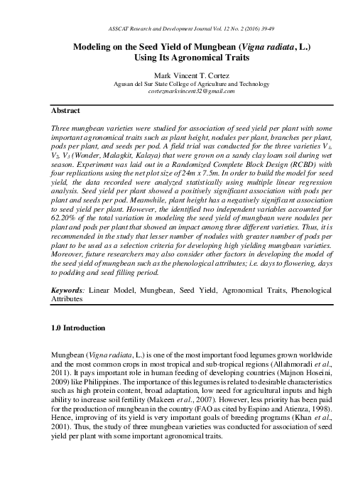 (PDF) Modeling on the Seed Yield of Mungbean (Vigna radiata, L.) Using ...