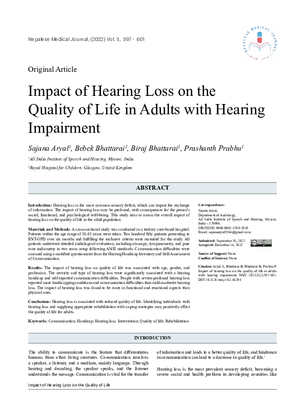 (PDF) Impact of Hearing Loss on the Quality of Life in Adults with ...