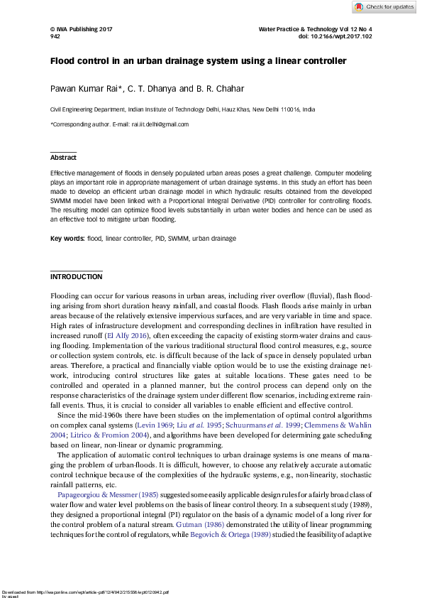 (PDF) Flood control in an urban drainage system using a linear controller | Pawan Rai - Academia.edu