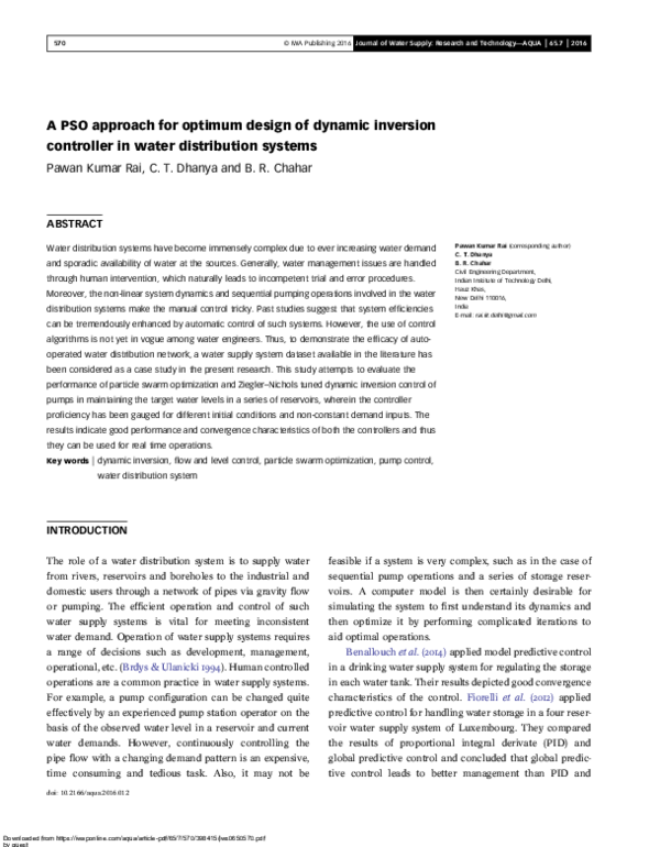 Pdf A Pso Approach For Optimum Design Of Dynamic Inversion Controller In Water Distribution