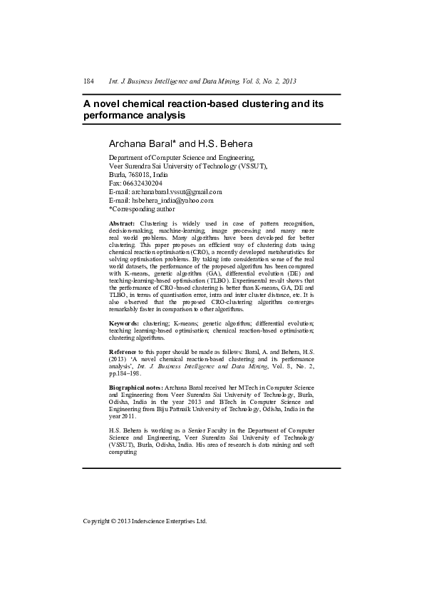 Pdf A Novel Chemical Reaction Based Clustering And Its Performance