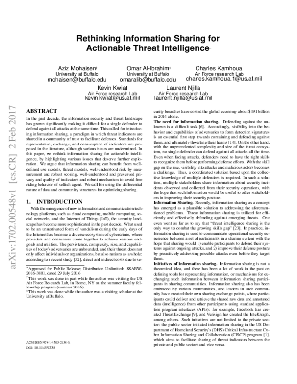 (PDF) Rethinking Information Sharing for Actionable Threat Intelligence