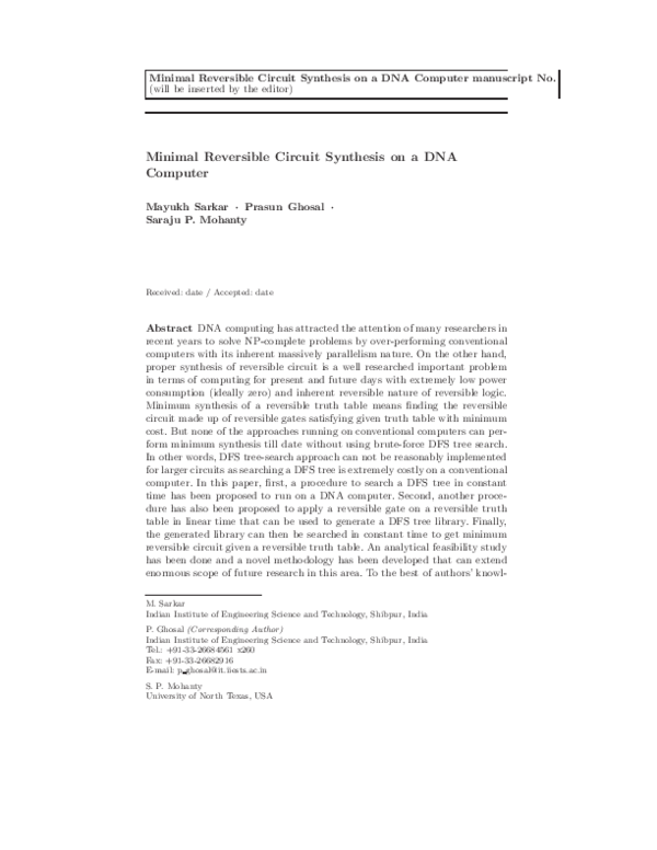 (PDF) Minimal reversible circuit synthesis on a DNA computer