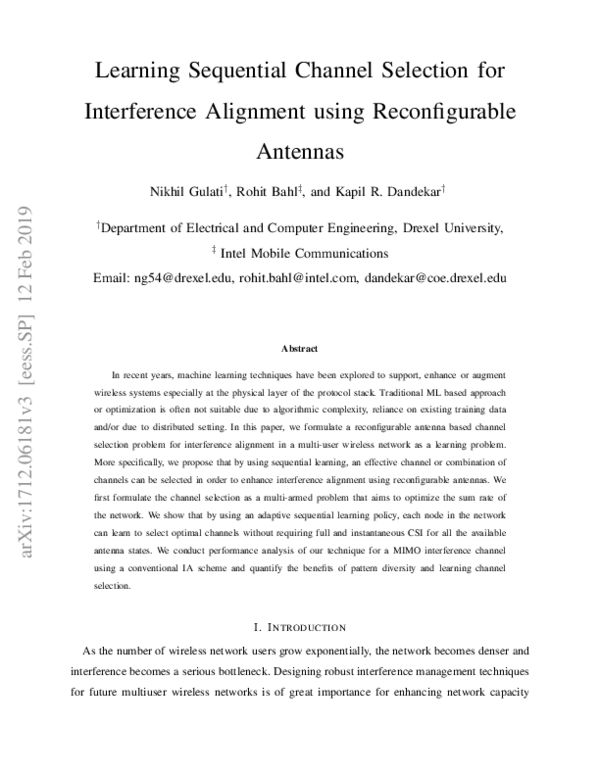(PDF) Learning Sequential Channel Selection for Interference Alignment using Reconfigurable Antennas