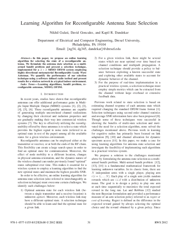 (PDF) Learning algorithm for reconfigurable antenna state selection | Nikhil Gulati - Academia.edu