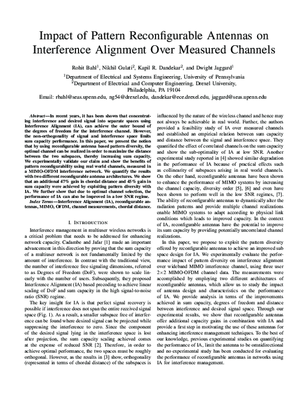 (PDF) Impact of pattern reconfigurable antennas on Interference Alignment over measured channels