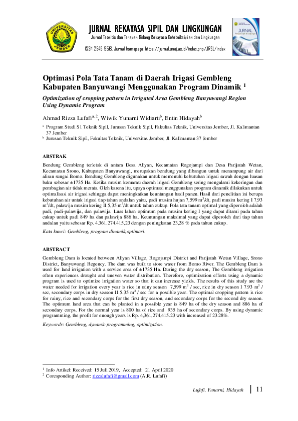 Pdf Optimization Of Cropping Pattern In Irrigated Area Gembleng