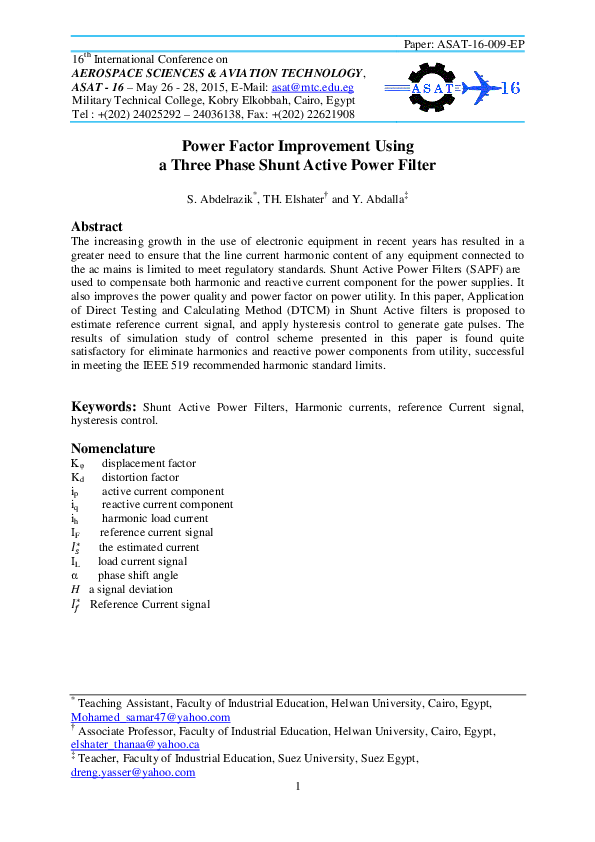 (PDF) Power Factor Improvement Using a Three Phase Shunt Active Power Filter