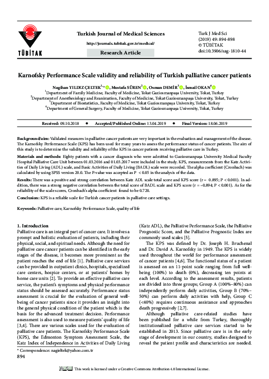 (PDF) Karnofsky Performance Scale validity and reliability of Turkish ...