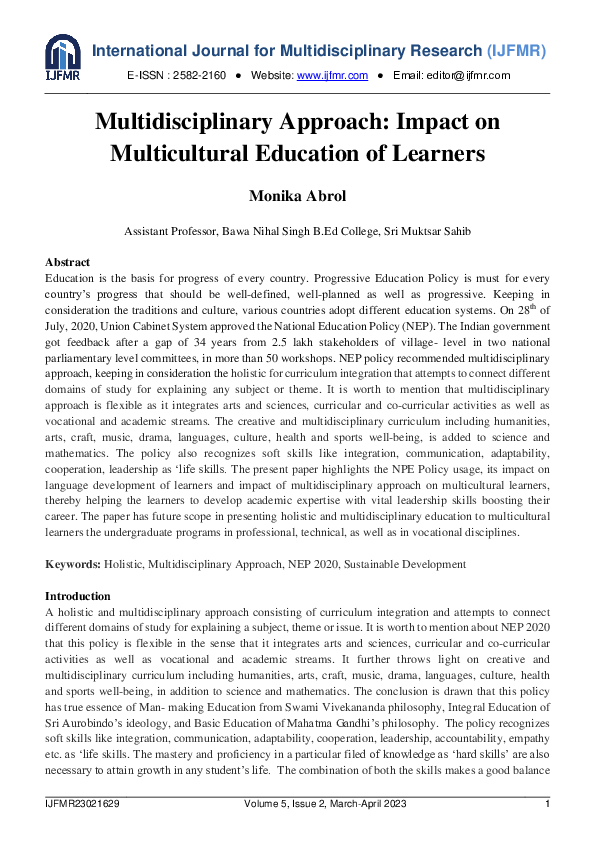 (PDF) Multidisciplinary Approach: Impact on Multicultural Education of ...
