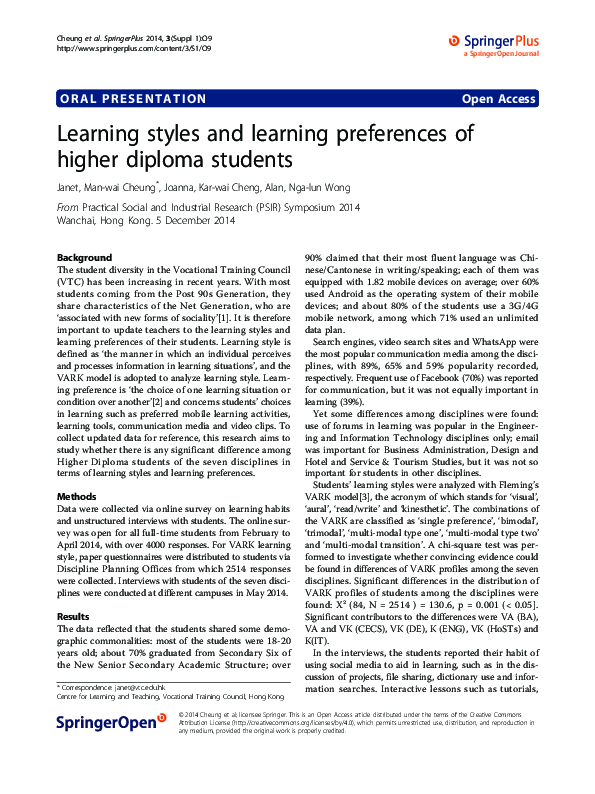 (PDF) Learning styles and learning preferences of higher diploma students