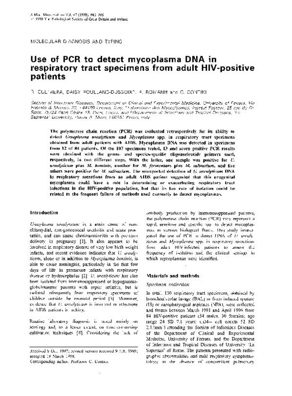 (PDF) Use of PCR to detect mycoplasma DNA in respiratory tract ...