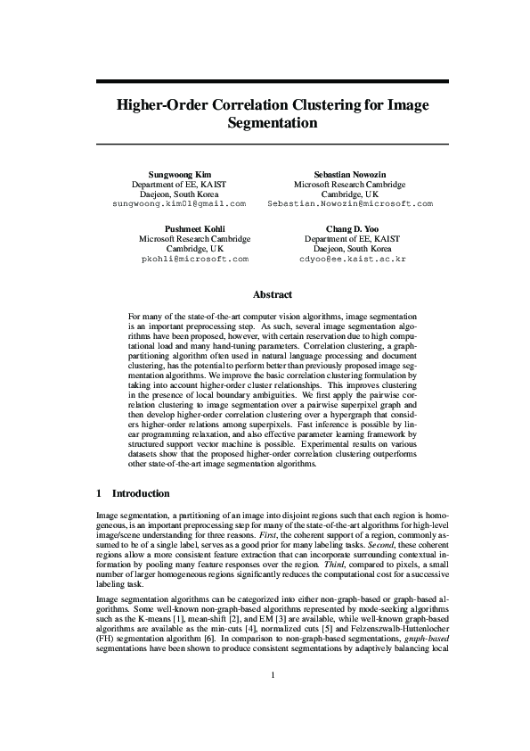 Pdf Higher Order Correlation Clustering For Image Segmentation