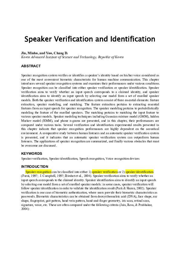 (PDF) Speaker Verification and Identification