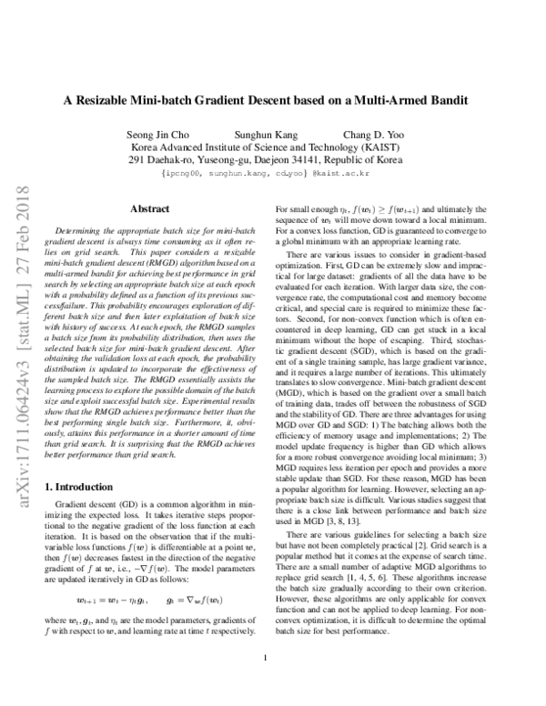 Pdf A Resizable Mini Batch Gradient Descent Based On A Multi Armed Bandit