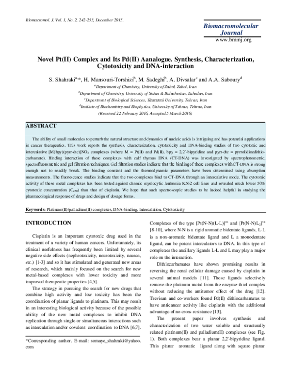 (PDF) Novel Pt(II) Complex and Its Pd(II) Aanalogue. Synthesis, Characterization, Cytotoxicity ...