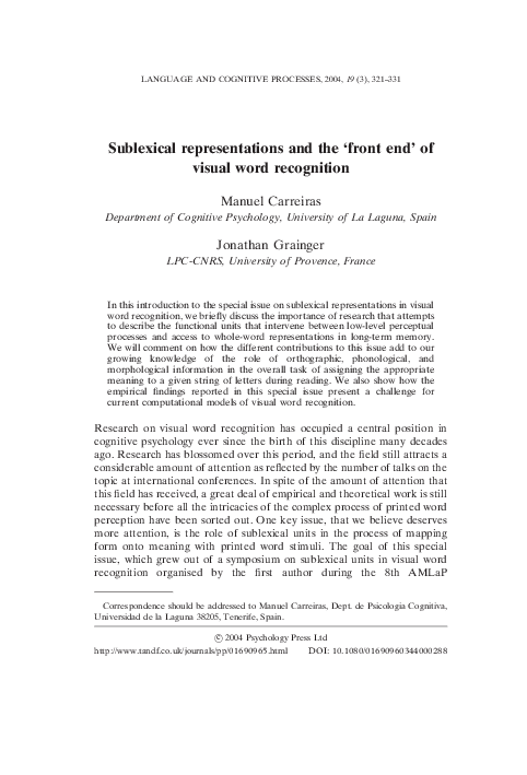 (PDF) Sublexical representations and the 'front end' of visual word recognition