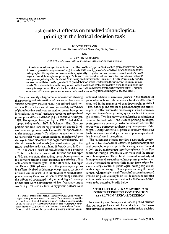 Pdf List Context Effects On Masked Phonological Priming In The Lexical Decision Task