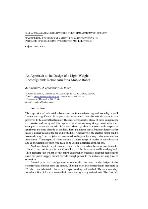 (PDF) An Approach to the Design of Lightweight Reconfigurable Robot Arm for a Mobile Platform